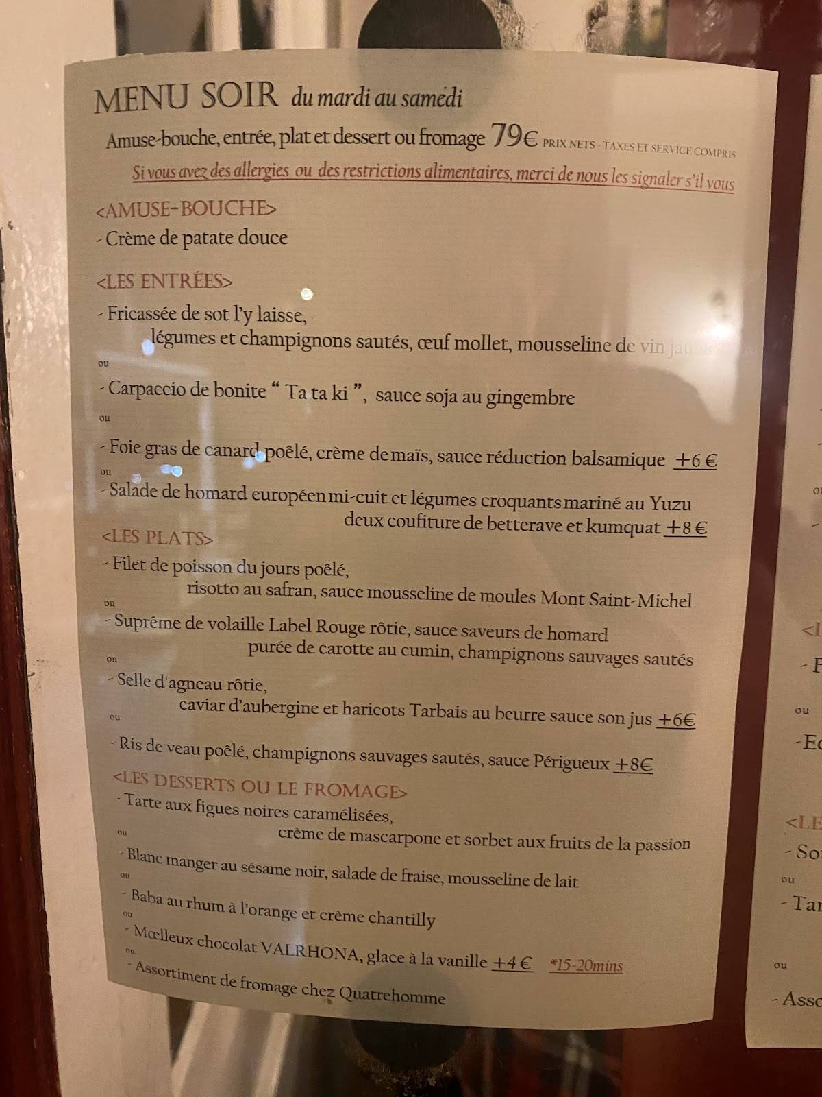 Menu au Sot l'y Laisse restaurant, Paris, 70 Rue Alexandre Dumas