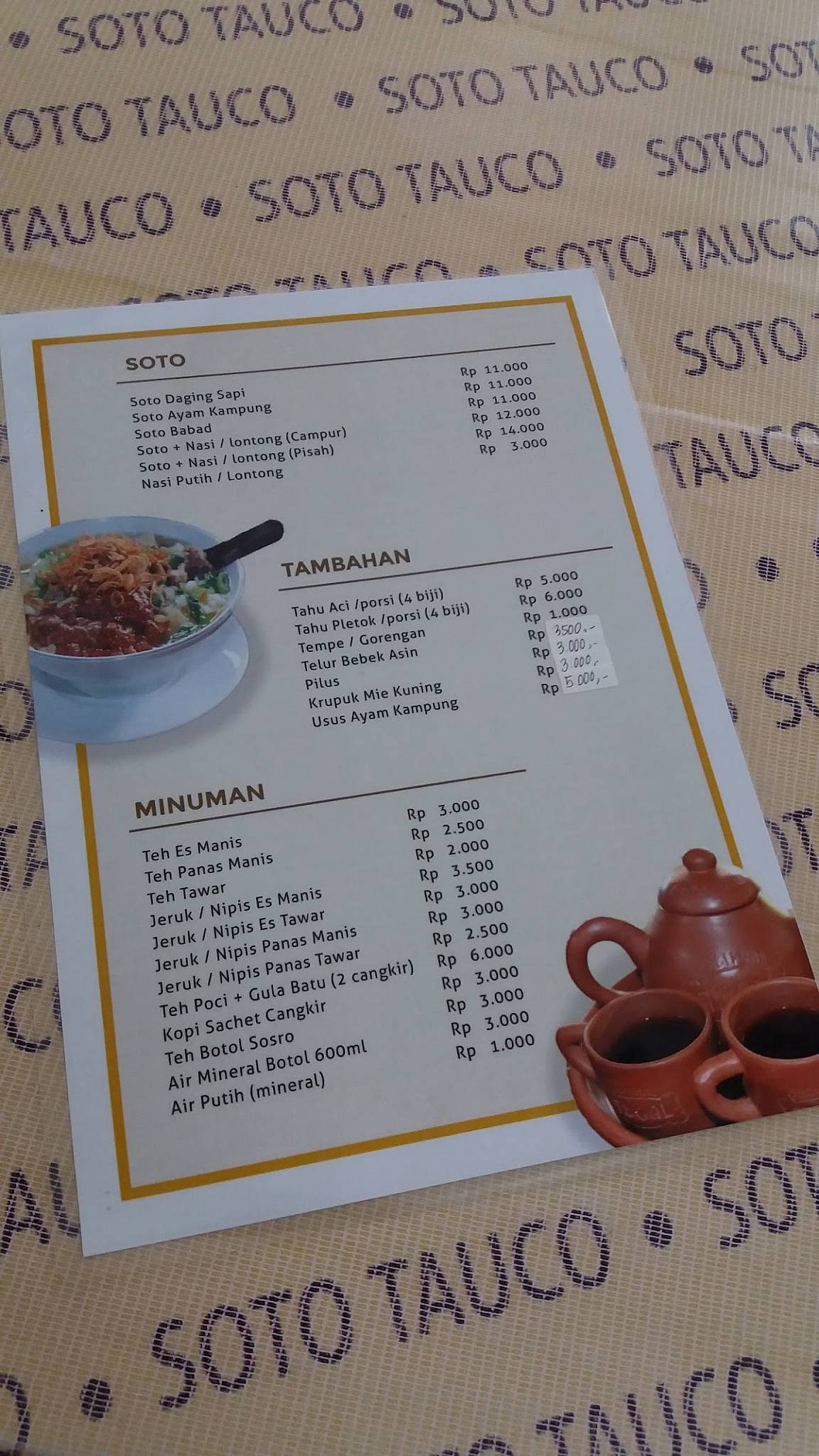 Menu at Soto Tauco Jogja restaurant, Sendangadi