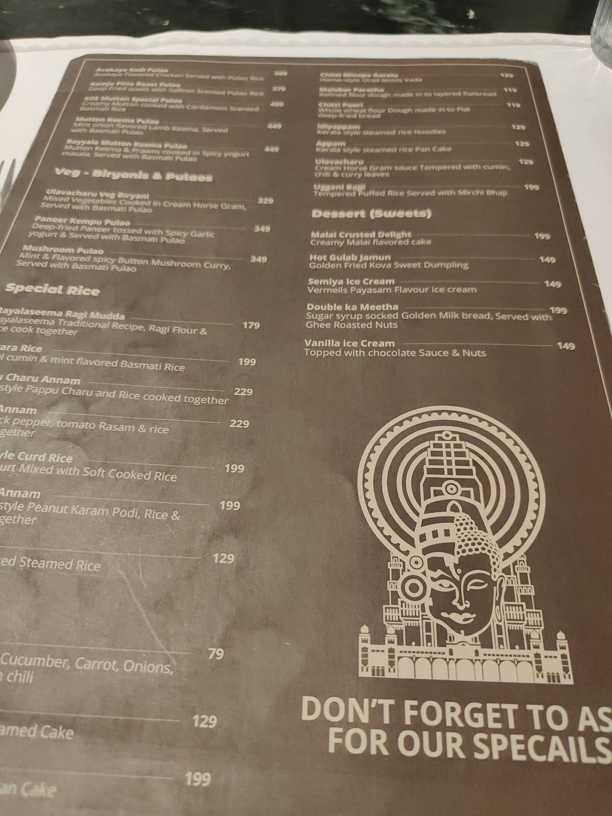 Menu at Soul of South, Hyderabad