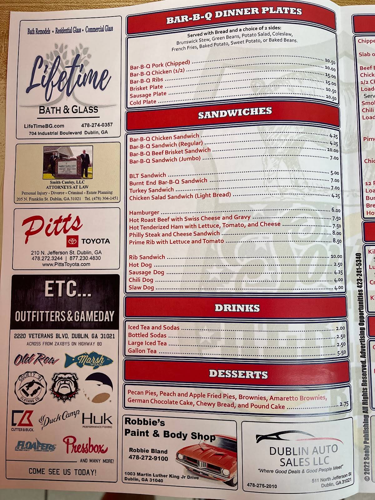 Menu at Southern Heritage Bar-B-Que, Dublin