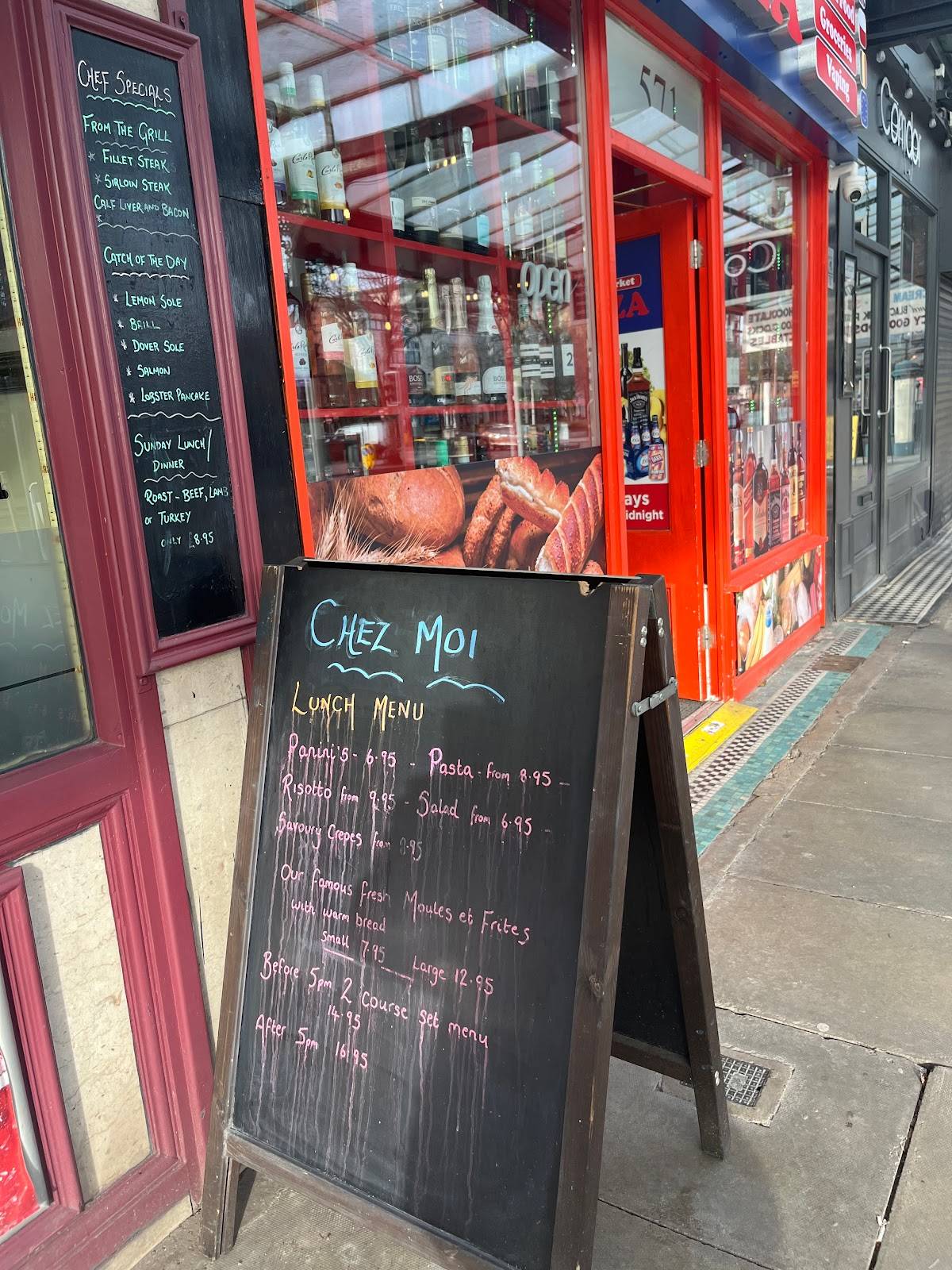 Menu at Chez Moi restaurant, Southport