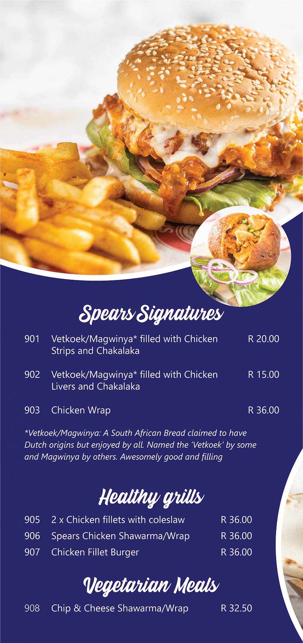 Menu at Spears Fried Chicken restaurant, Durban