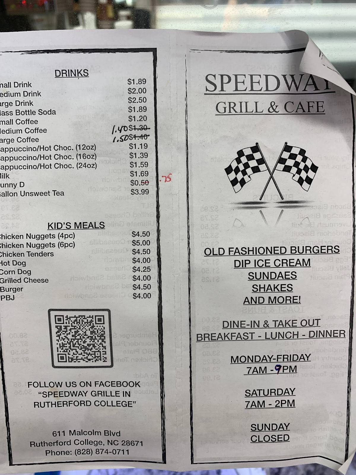 Menu at Speedway Cafe, Rutherford College, 611 Malcolm Blvd