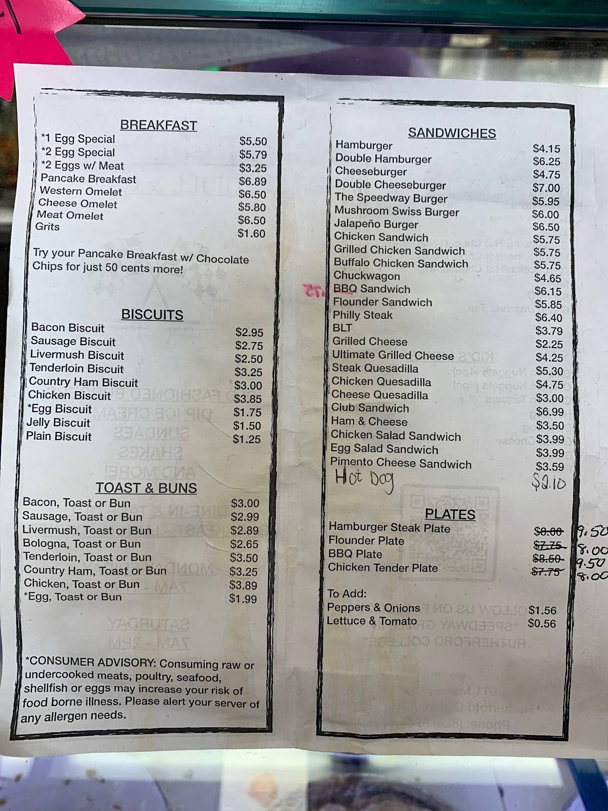 Menu at Speedway Cafe, Rutherford College, 611 Malcolm Blvd