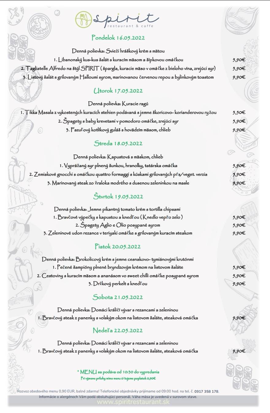 Menu at Spirit restaurant & café, Nové Zámky
