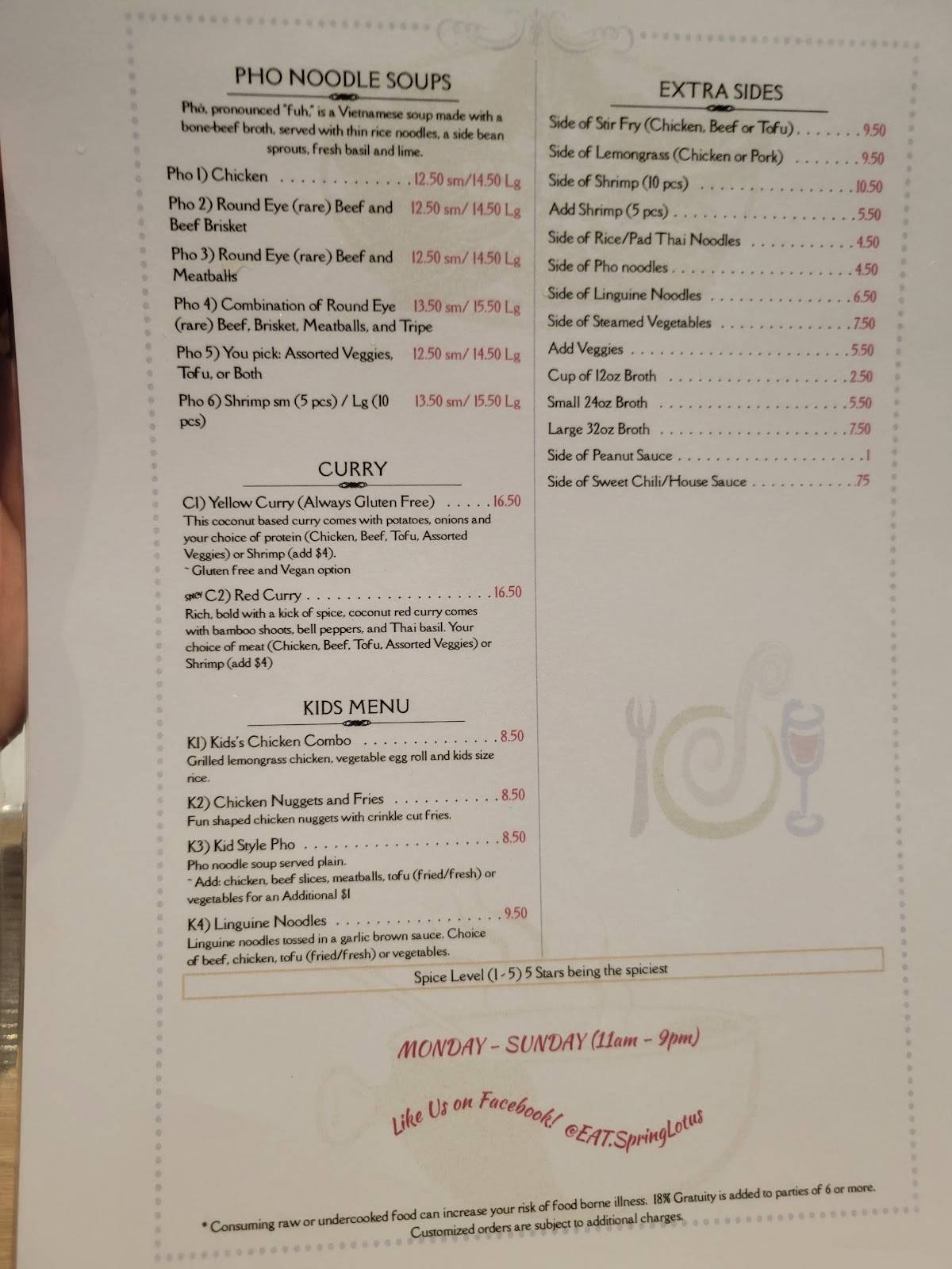 Menu at Spring Lotus Restaurant, Wenatchee