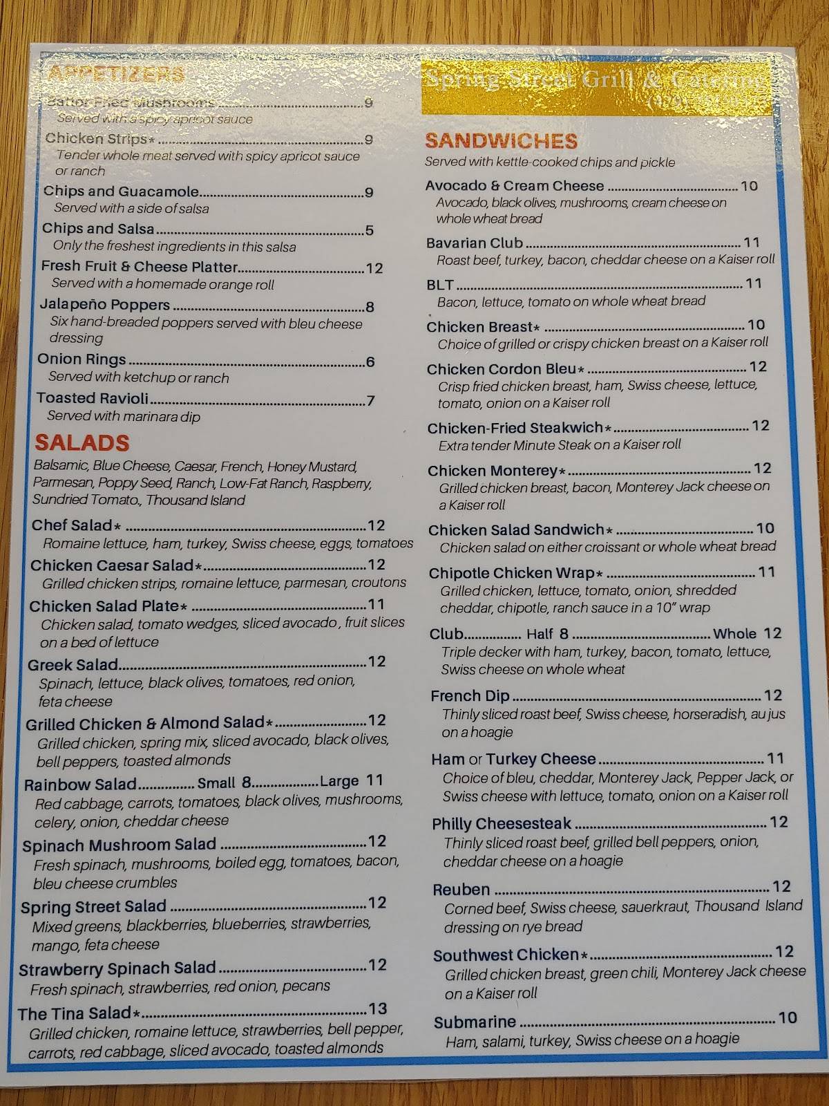 Menu at Spring Street Grill & Catering restaurant, Springdale