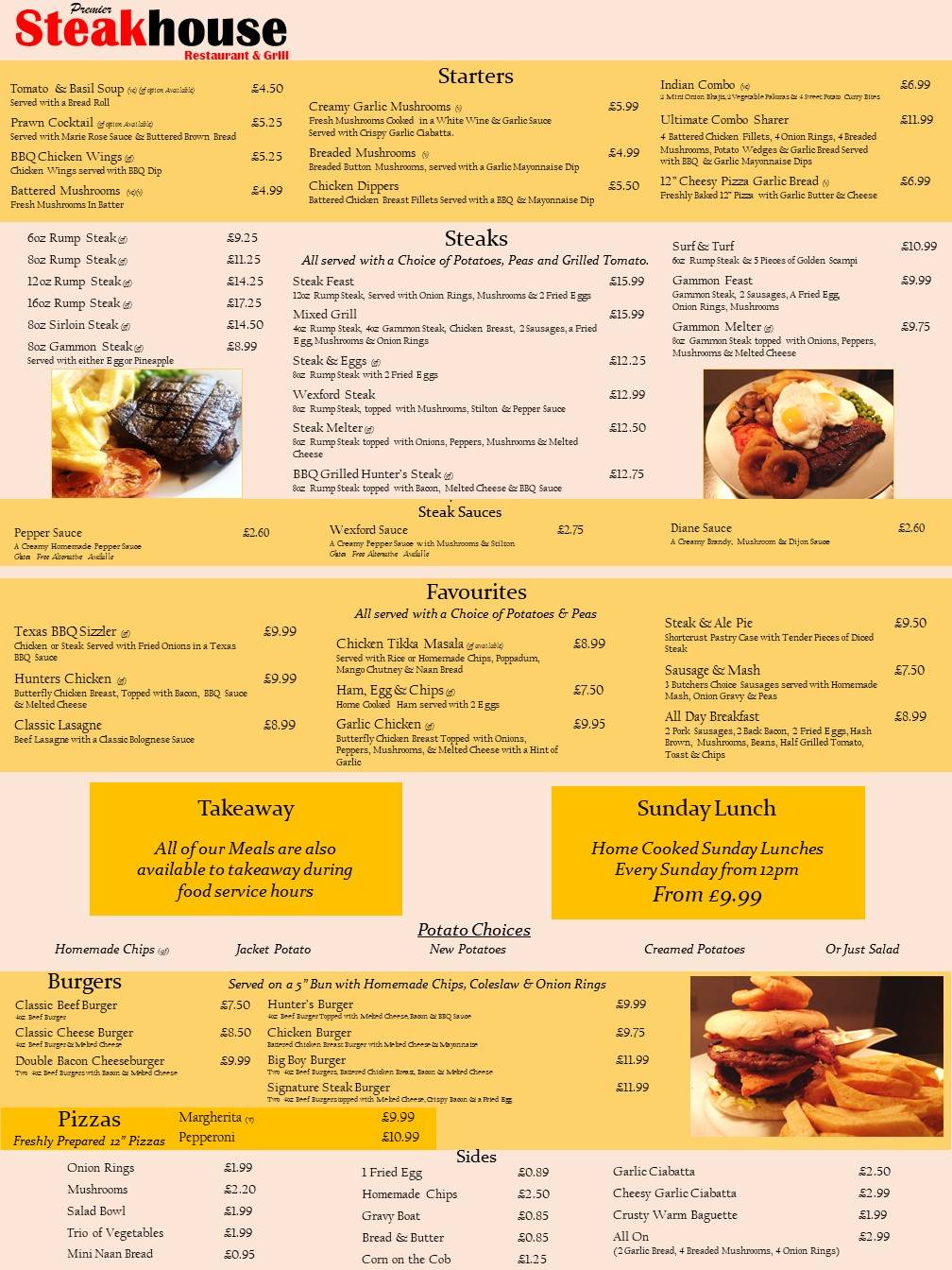 Menu at Sprinters Premier Steakhouse, Nottingham