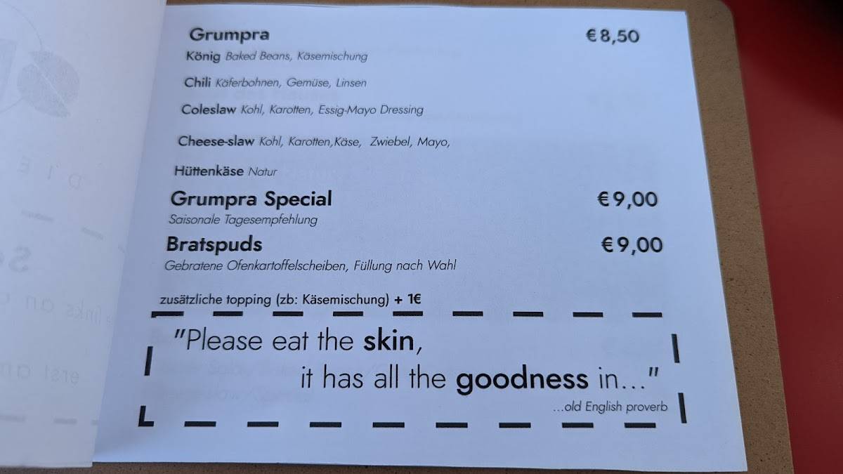 Speisekarte von Spuds - SLOW FAST FOOD, Hohenems