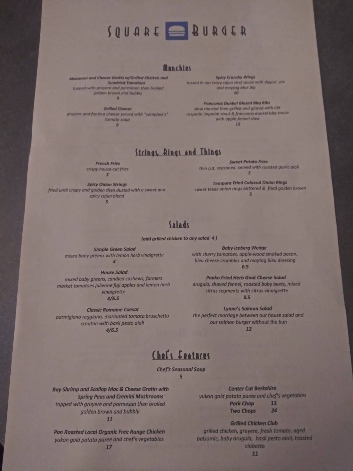 Menu at Square Burger restaurant, McKinney