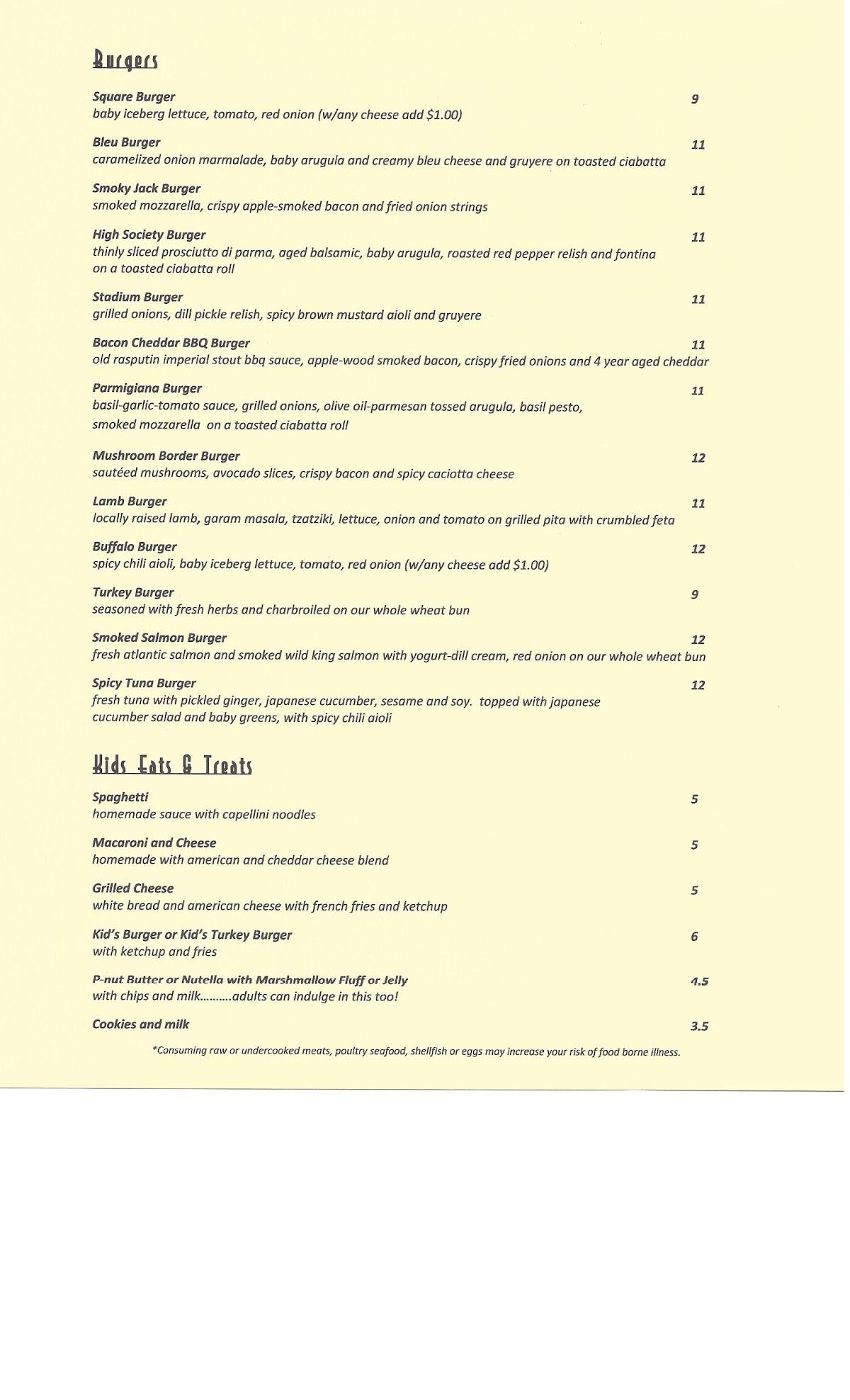 Menu at Square Burger restaurant, McKinney