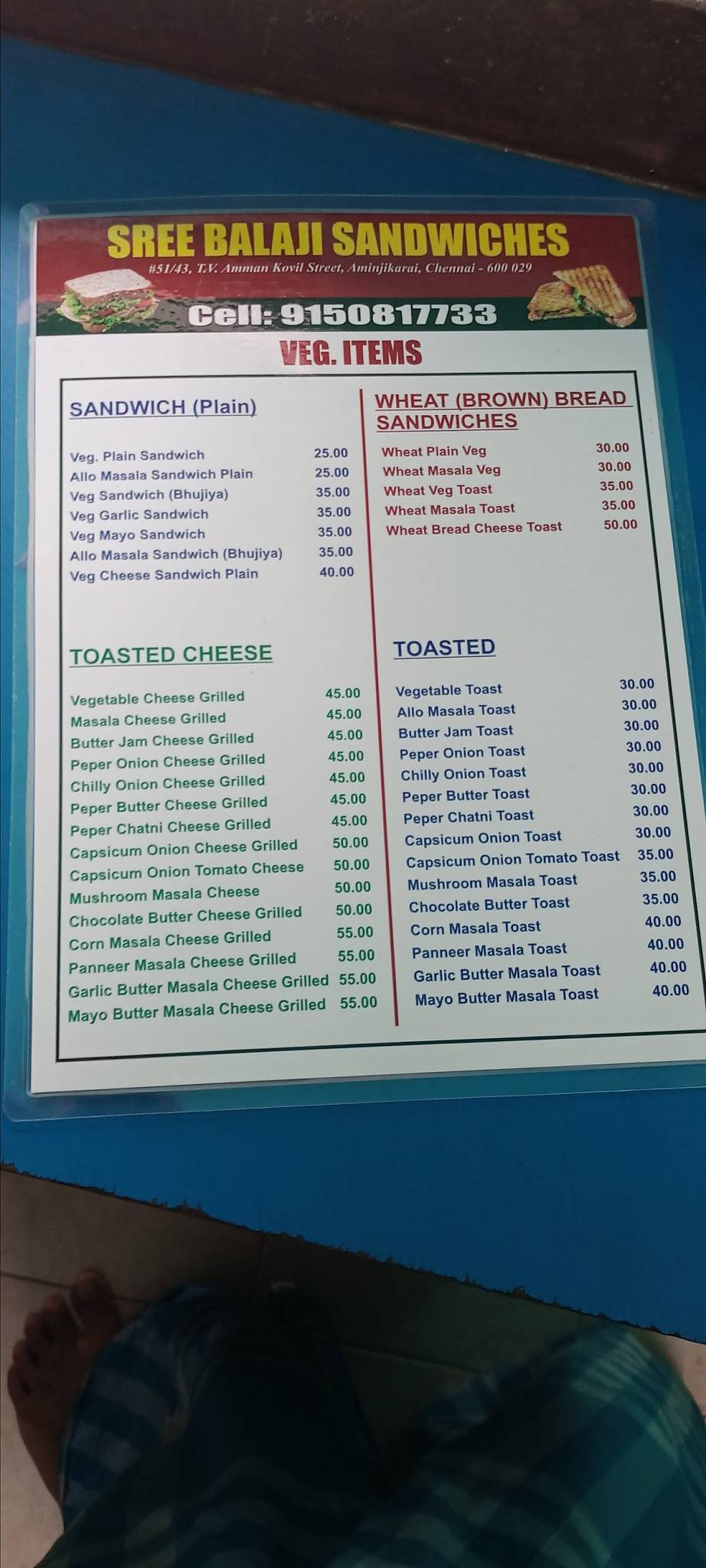 Menu at Sri Balaji Sandwiches, Chennai