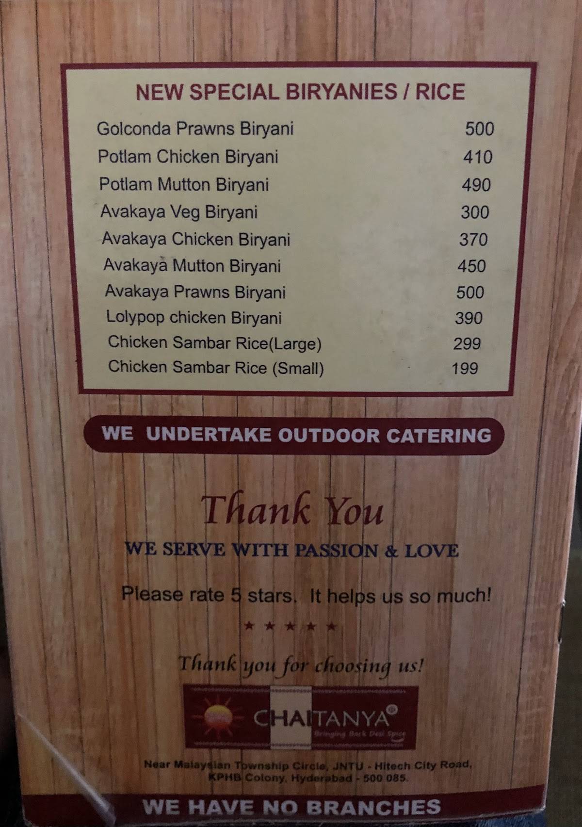 Menu at Sri Chaitanya Restaurant & Bar, Hyderabad