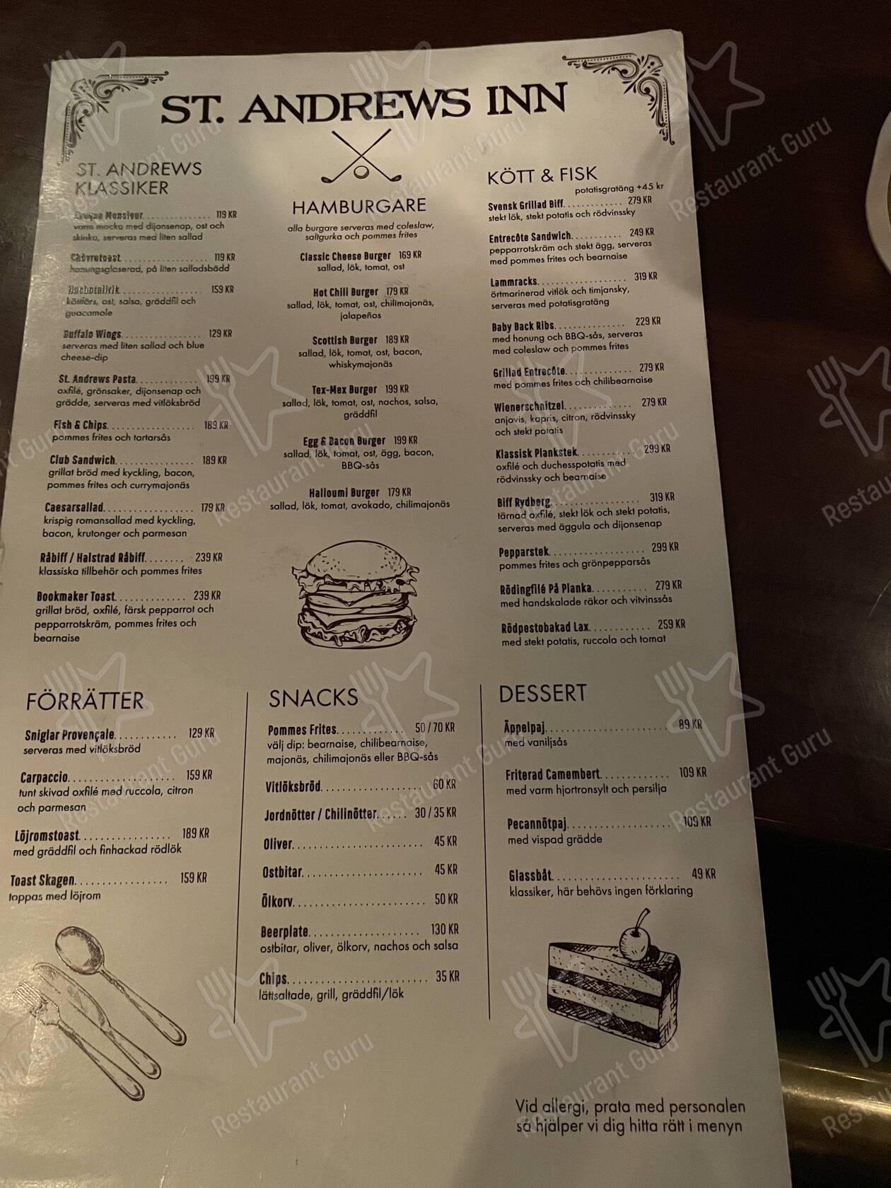 Menu at St Andrews Inn pub & bar, Stockholm