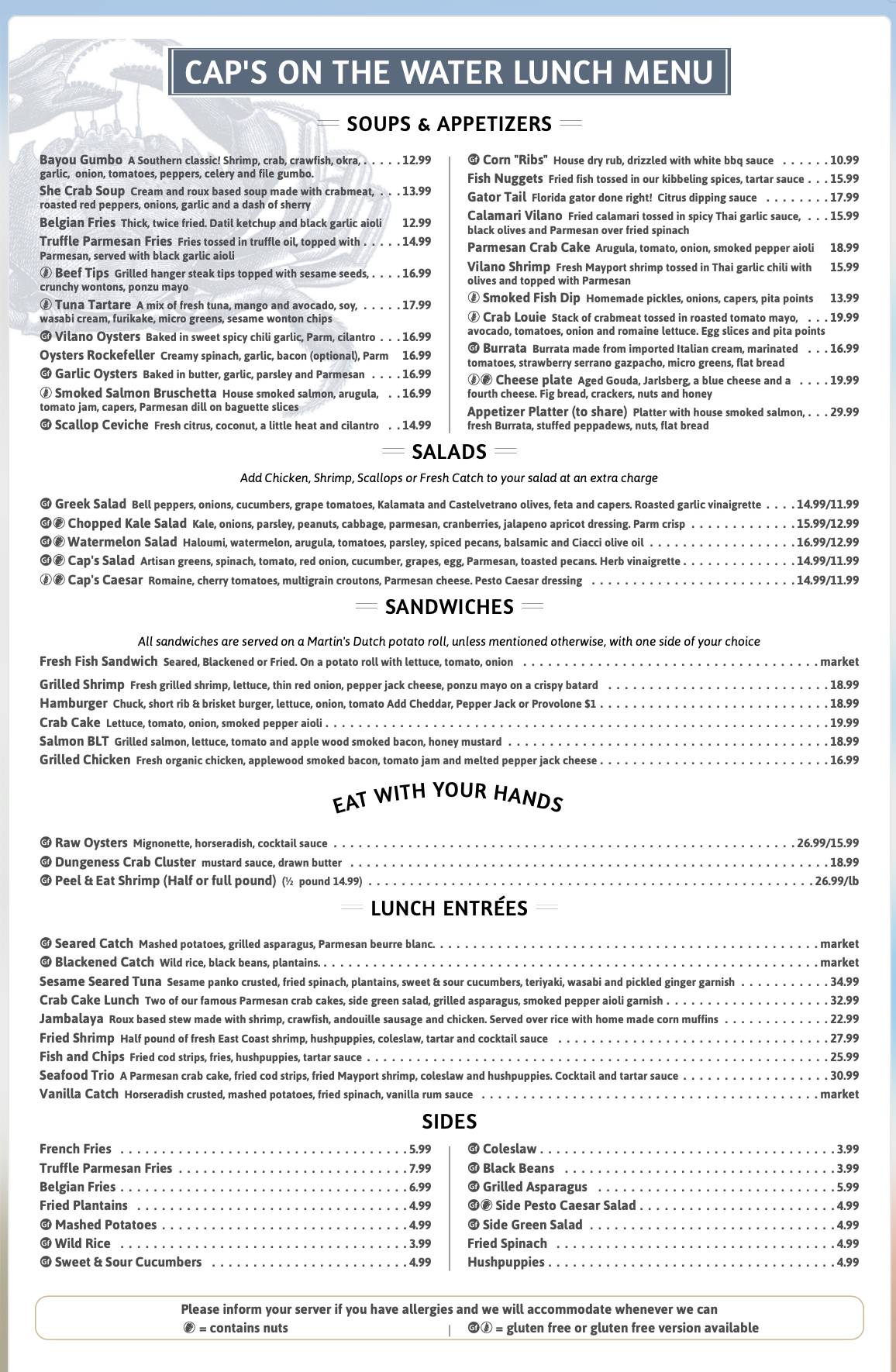 Menu at Cap's On the Water restaurant, Vilano Beach, Myrtle St