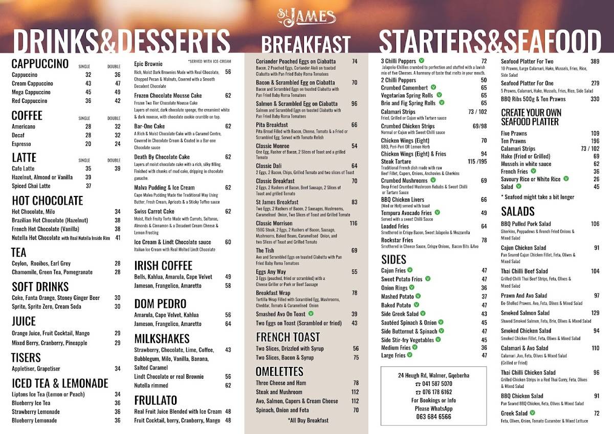 Menu at St James Restaurant, Walmer, Port Elizabeth