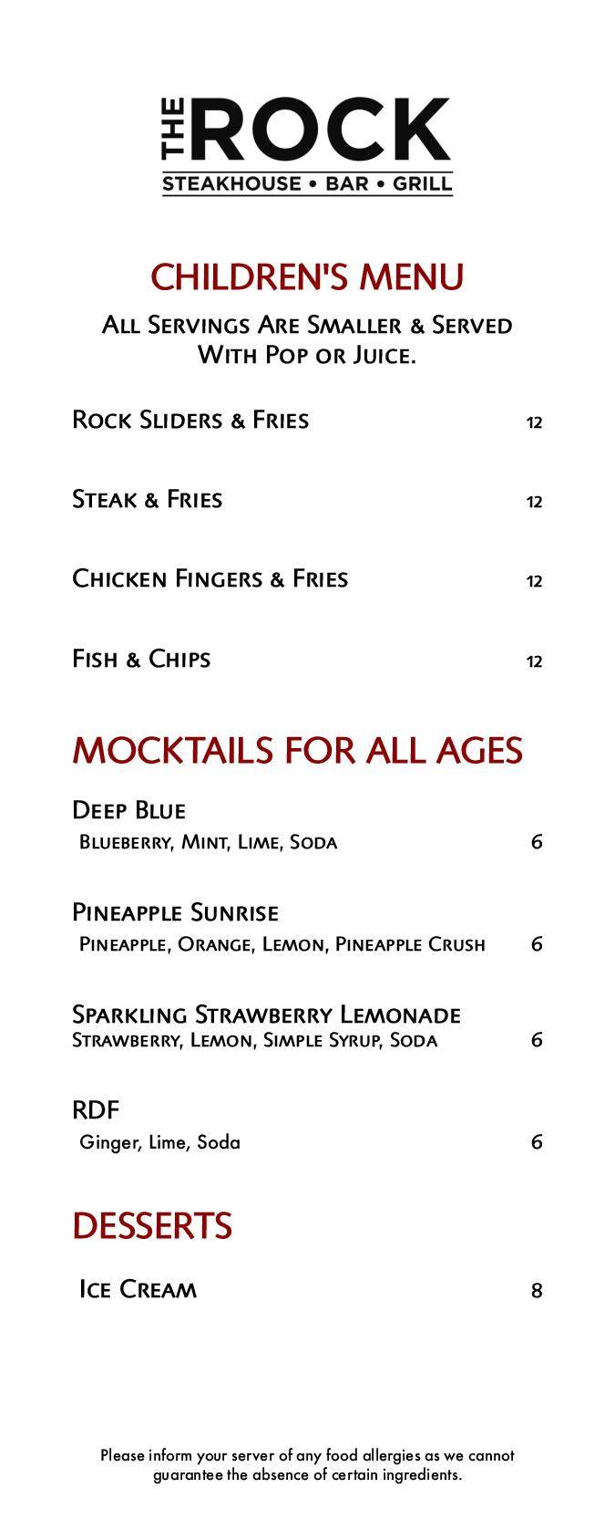 Menu at The Rock Steakhouse Bar & Grill, St. John's