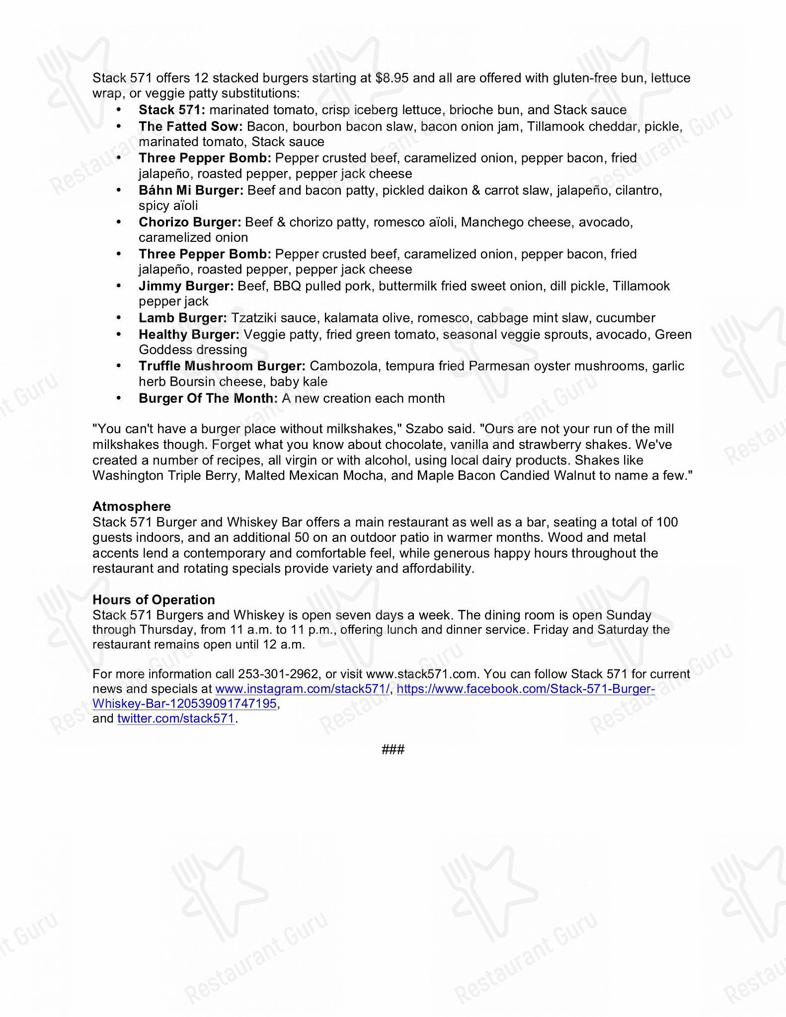 Menu at Stack 571 Burger & Whiskey Bar - Vancouver, Vancouver