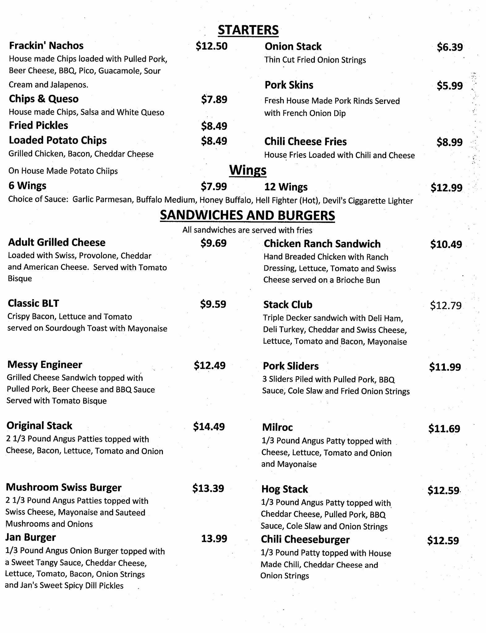 Menu at Stack Grill, LLC restaurant, Kingfisher
