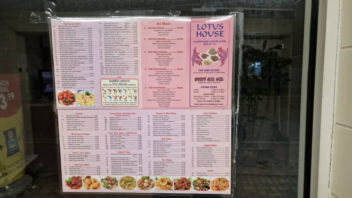 Menu at Lotus House fast food, Stanford-le-Hope
