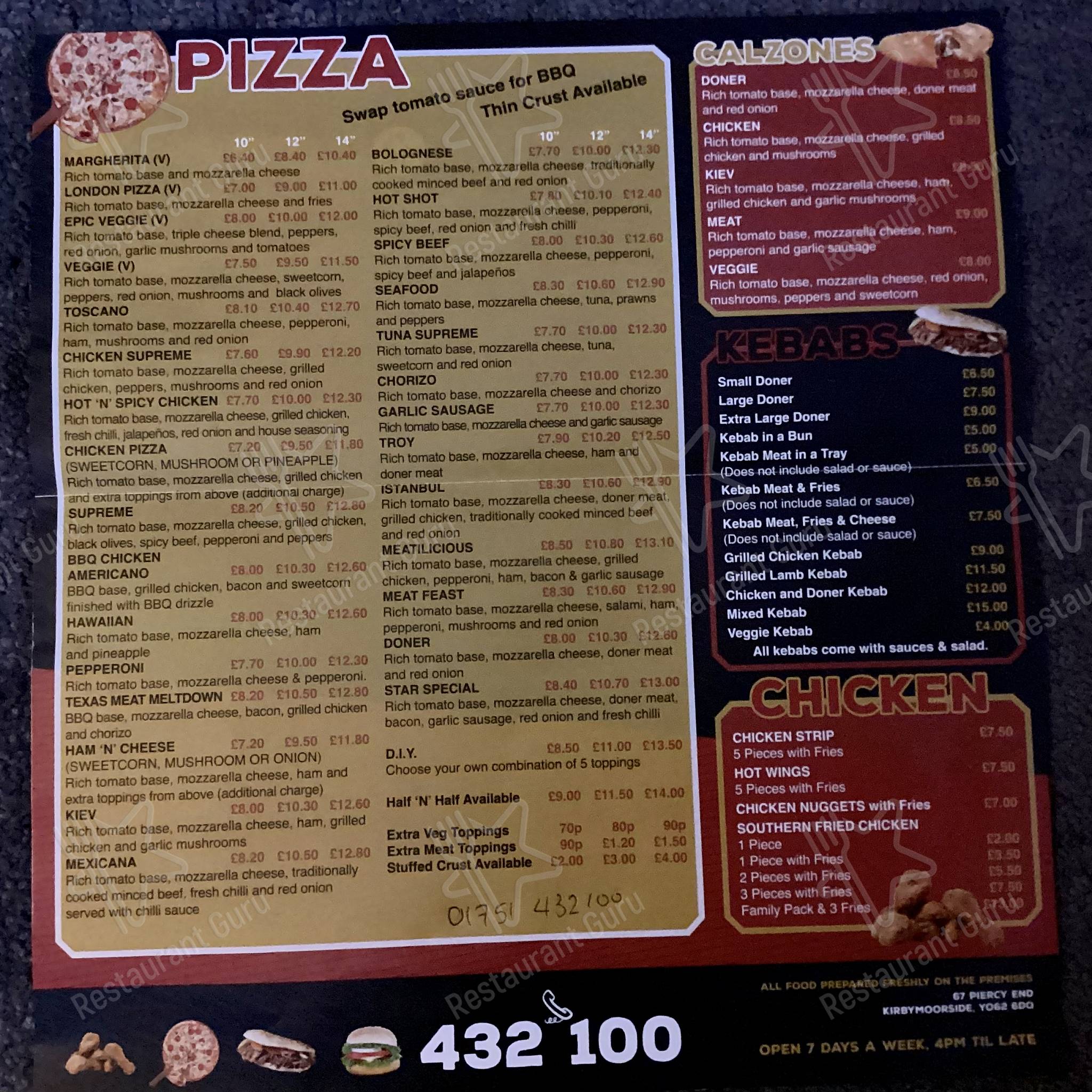Menu at Star Fast Food, Kirkbymoorside, 67 Piercy End