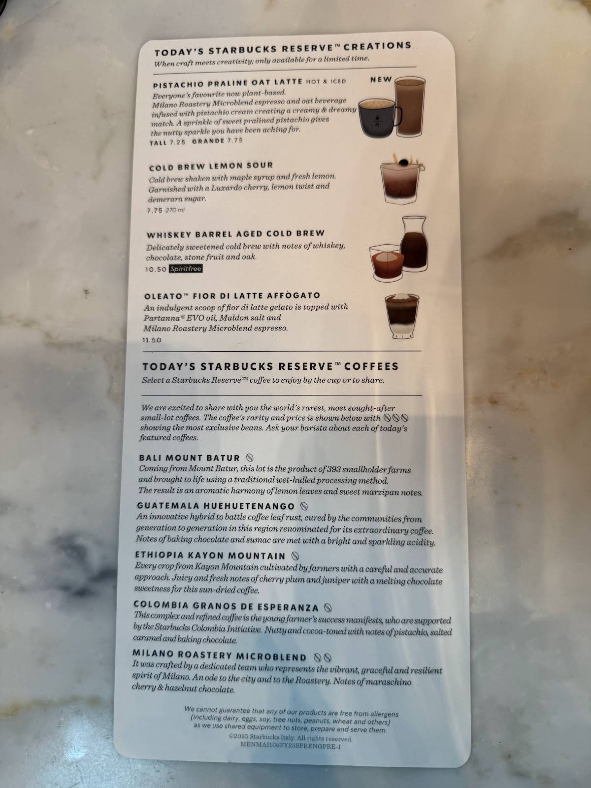 Menu at Starbucks Reserve Roastery cafeteria, Milan, P.za Cordusio