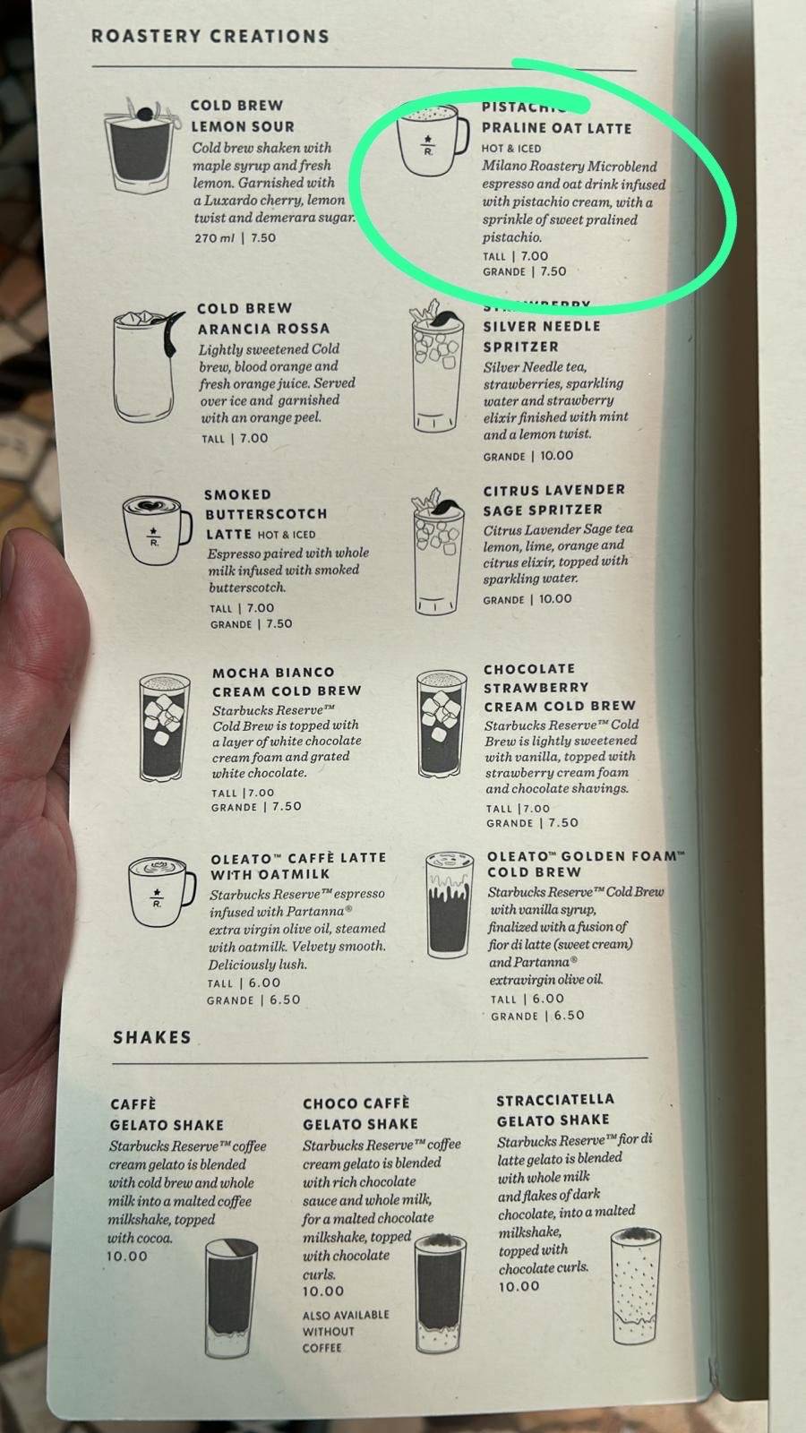 Menu at Starbucks Reserve Roastery cafeteria, Milan, P.za Cordusio