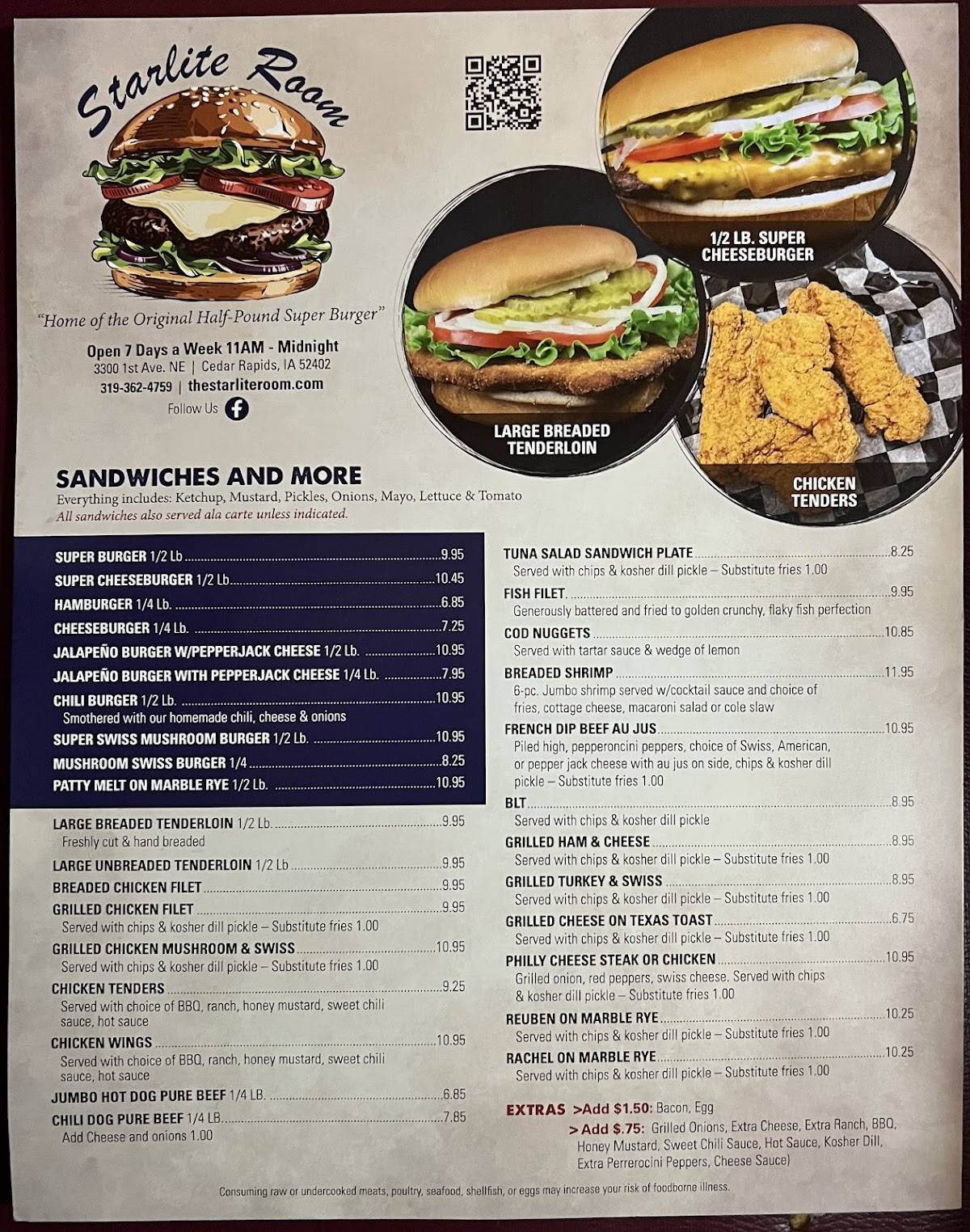 Menu at Starlite Room restaurant, Cedar Rapids