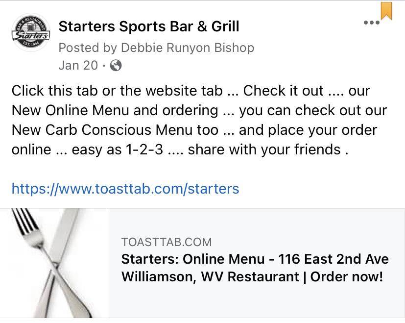 Menu at Starters Grill pub & bar, Williamson