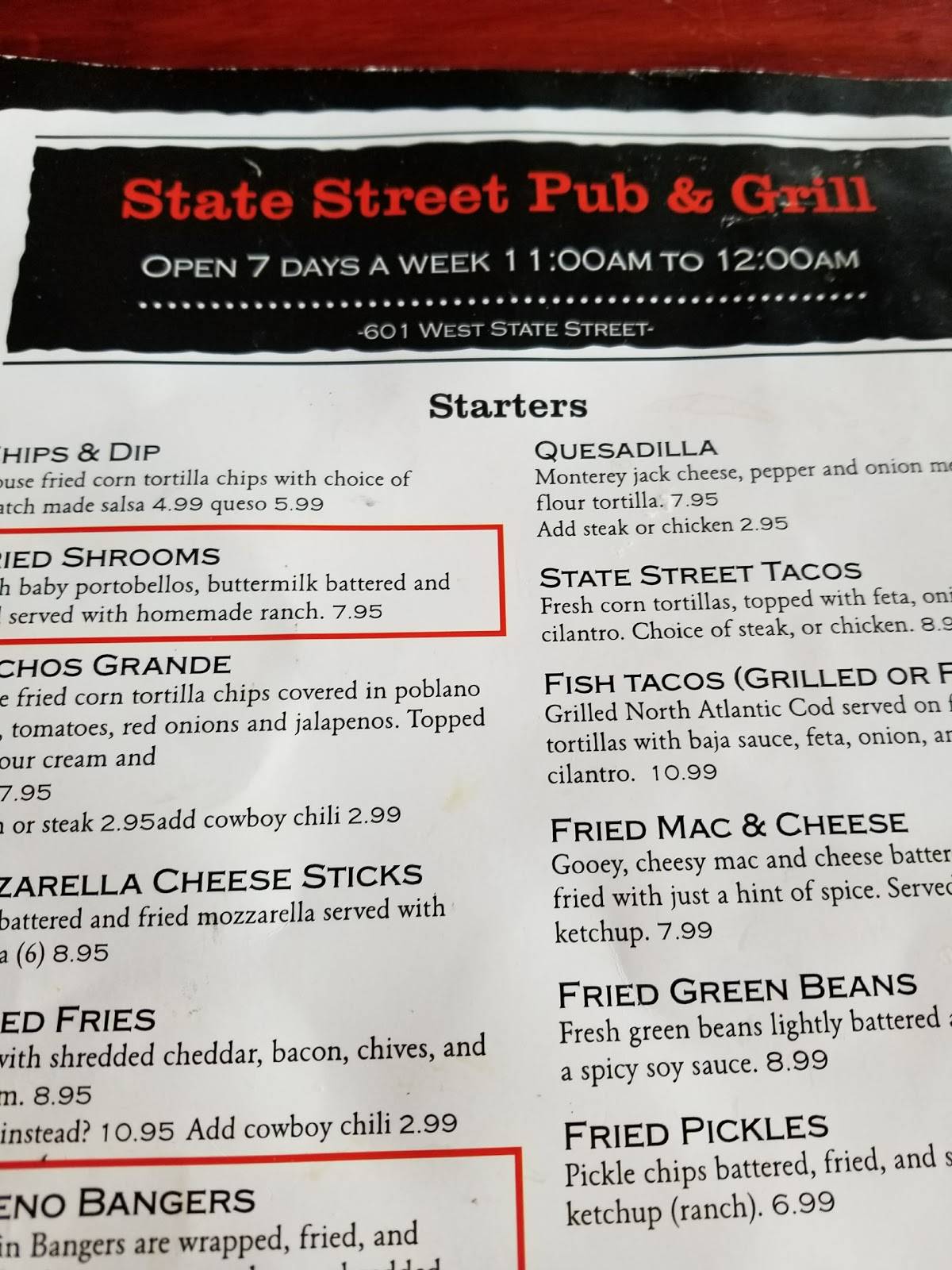 Carta de State Street Pub & Grill, Garland