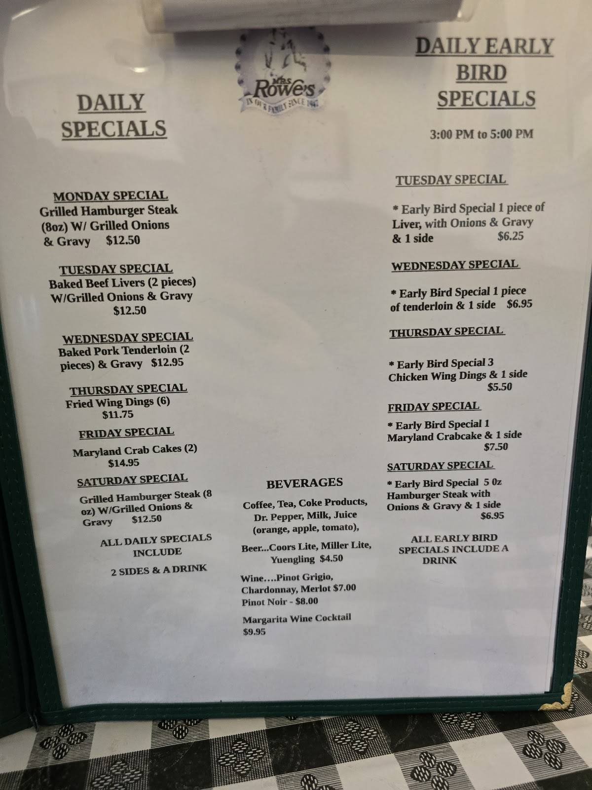 Menu at Mrs. Rowe's Family Restaurant & Catering, Staunton