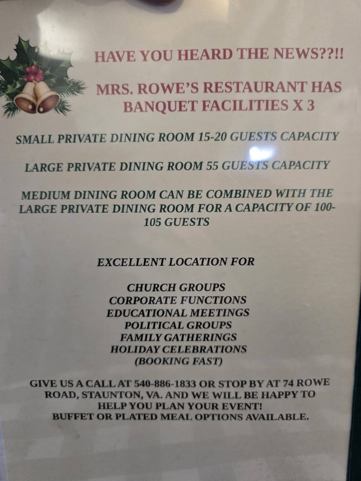 Menu at Mrs. Rowe's Family Restaurant & Catering, Staunton