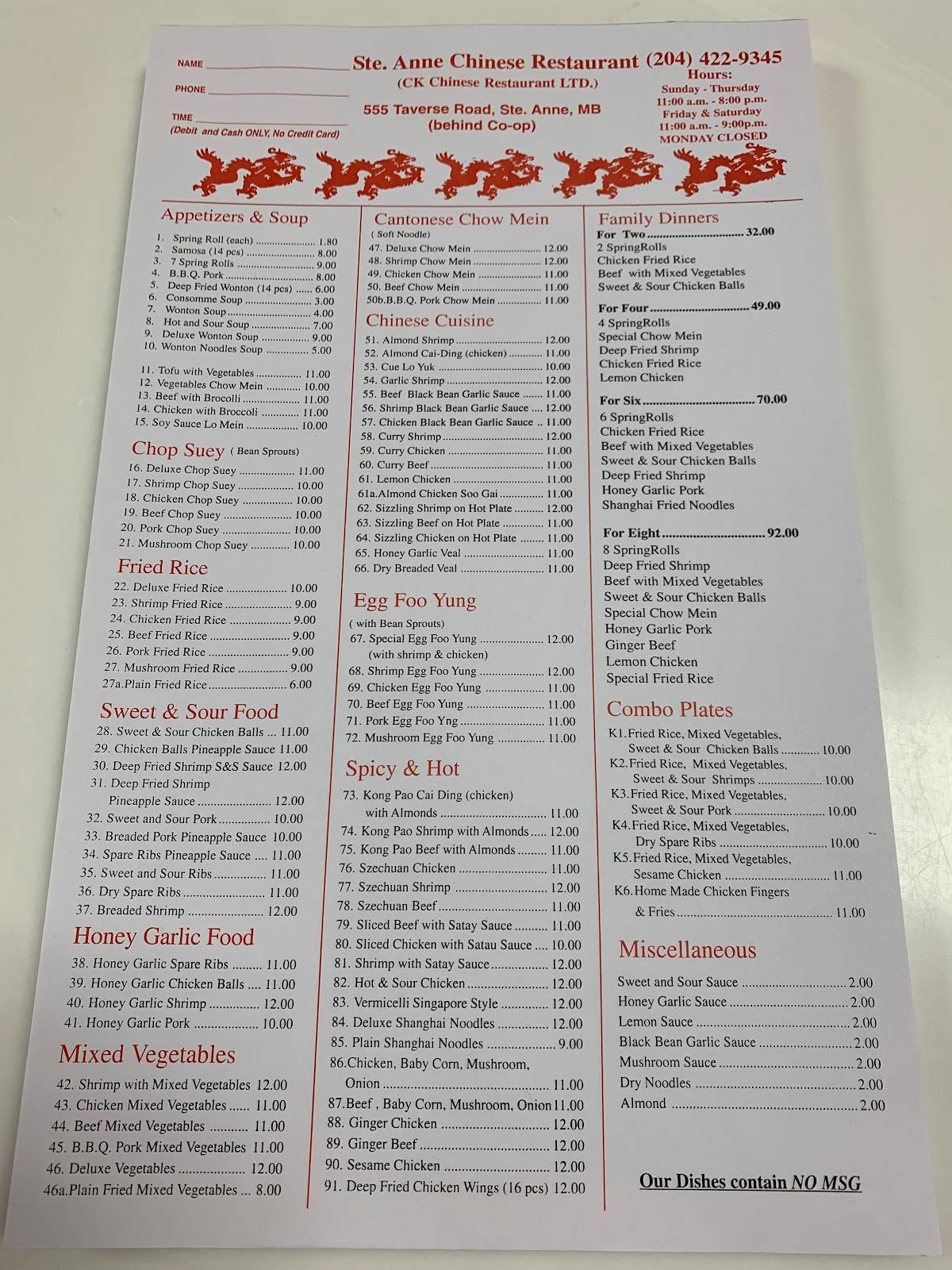 Menu at Ste. Anne Chinese Restaurant, Ste. Anne