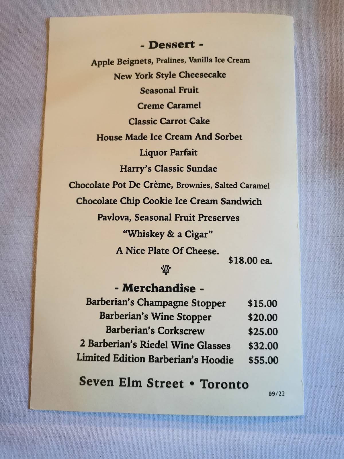 Menu at Barberian's Steak House, Toronto, 7 Elm St