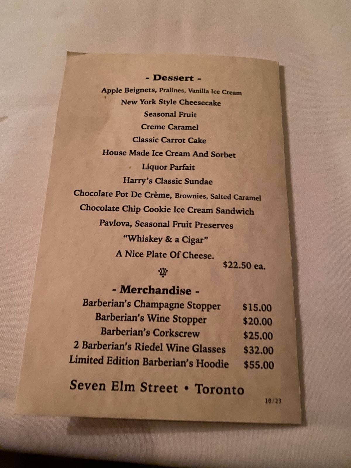 Menu at Barberian's Steak House, Toronto, 7 Elm St
