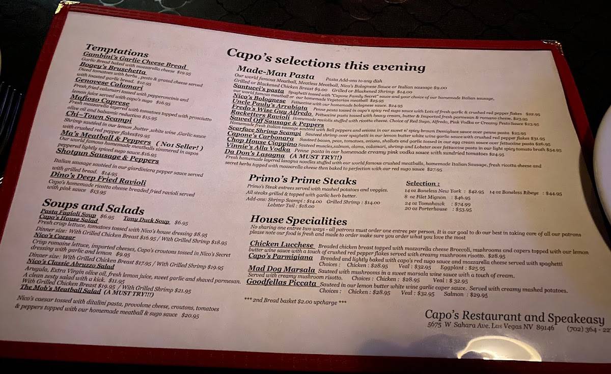 Menu at Capo's Restaurant and Speakeasy, Las Vegas