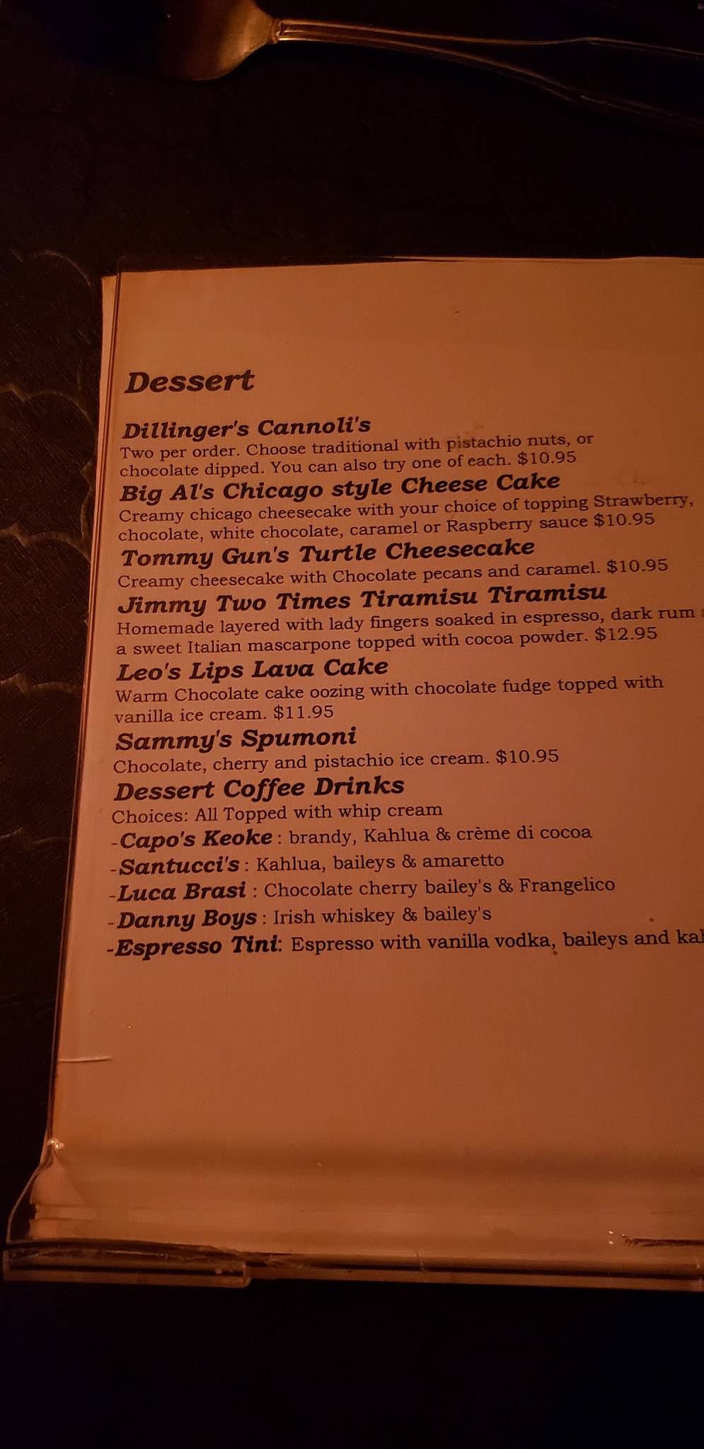 Menu at Capo's Restaurant and Speakeasy, Las Vegas