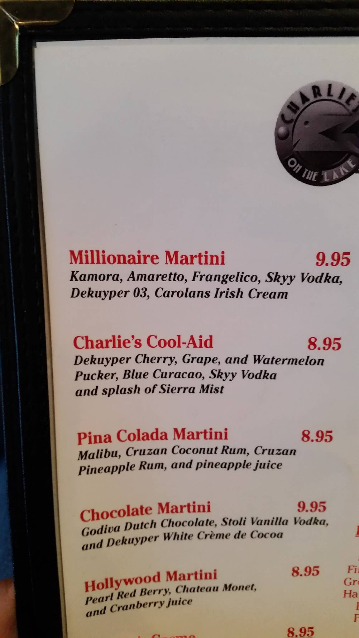 Menu at Charlie's on the Lake steakhouse, Omaha, S 144th St