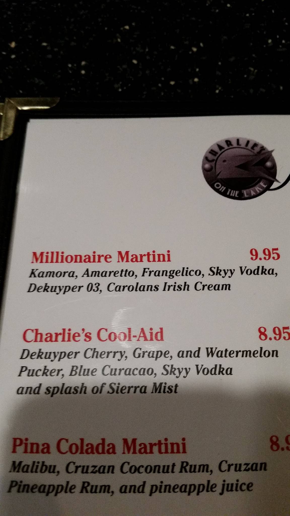 Menu at Charlie's on the Lake steakhouse, Omaha, S 144th St