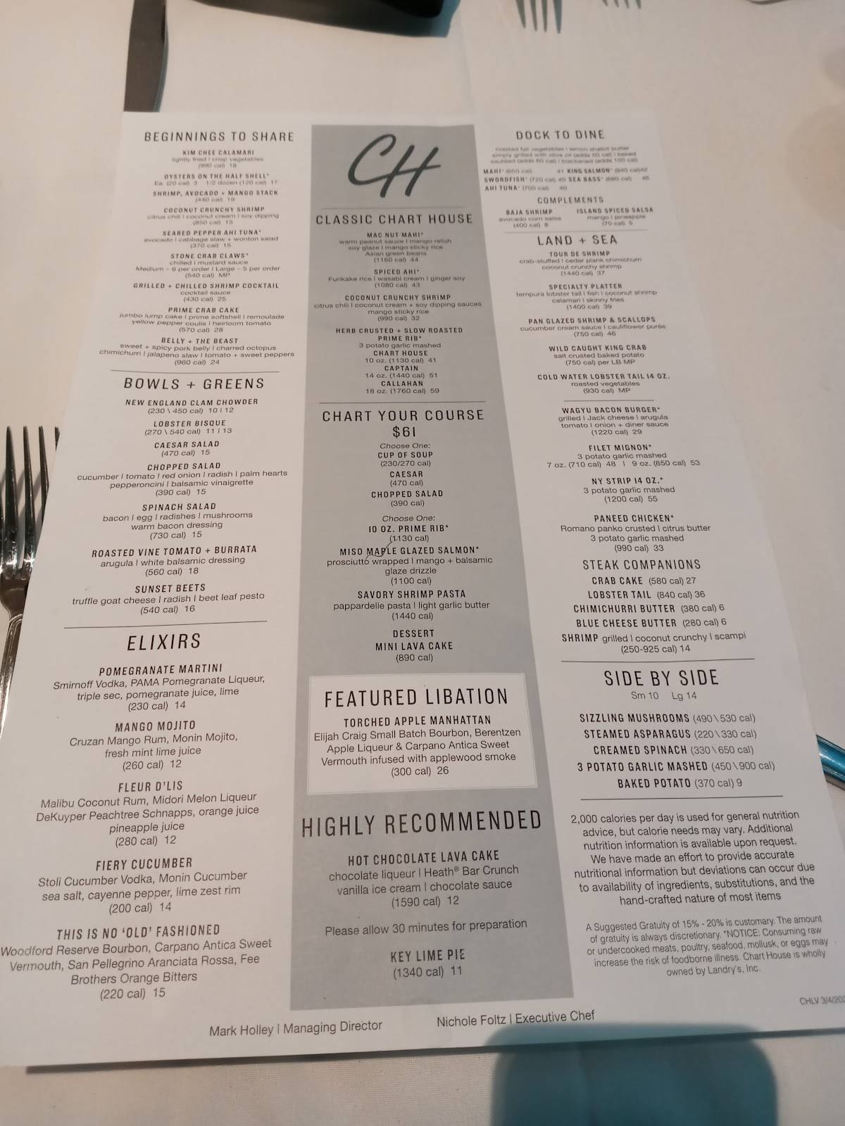 Menu at Chart House steakhouse, Las Vegas