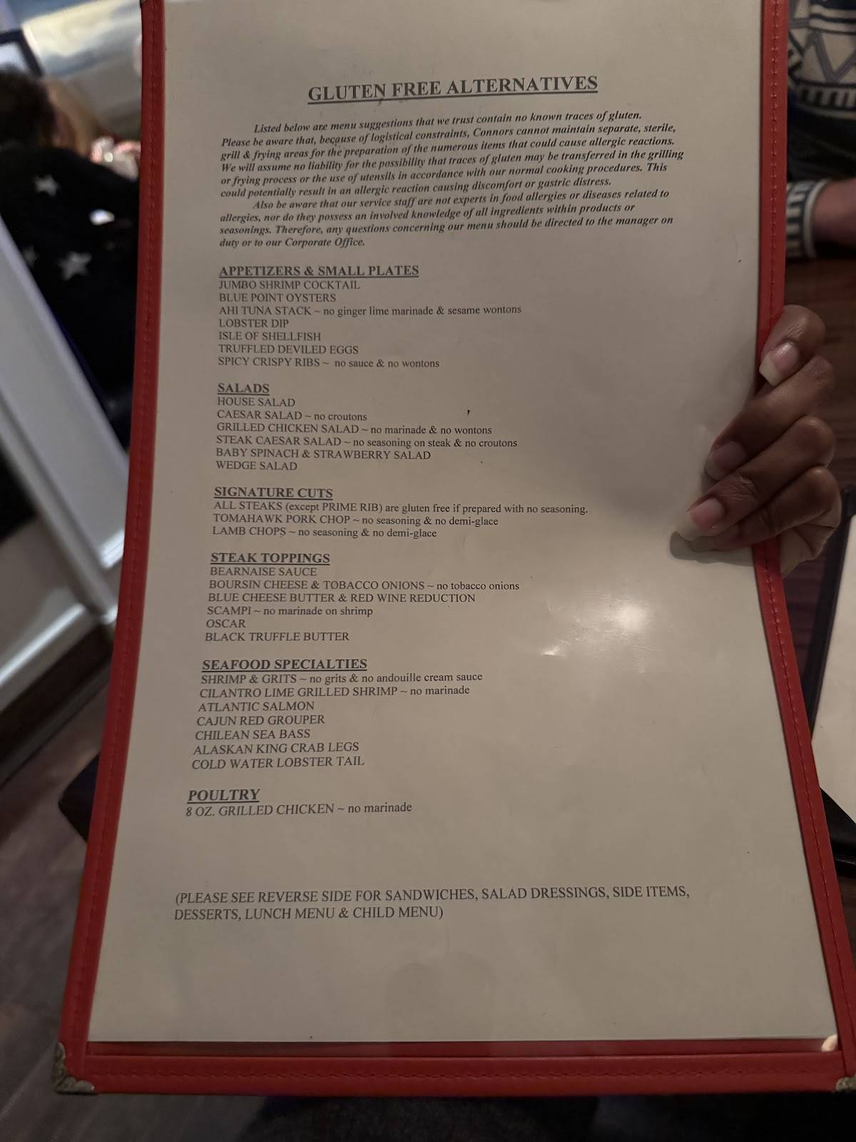 Menu at Connors Steak & Seafood steakhouse, Sarasota