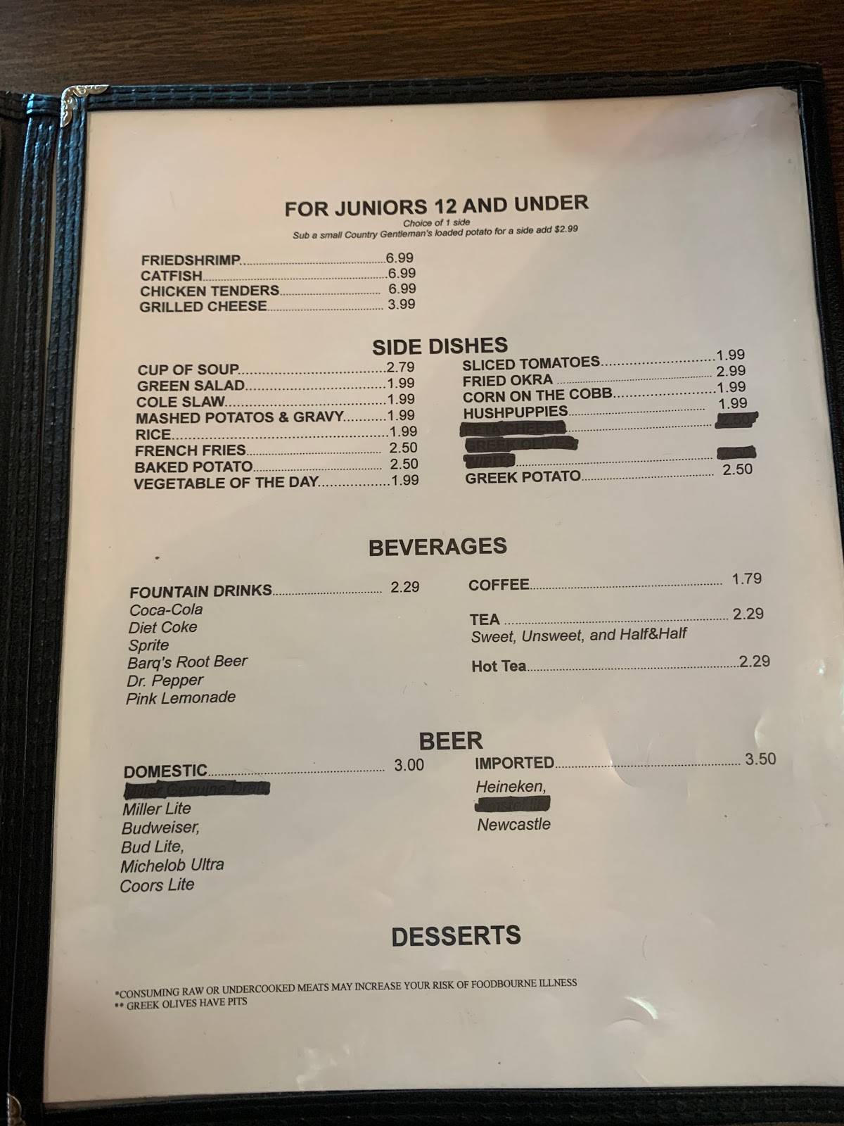 Menu at Country Gentleman steakhouse, Gautier