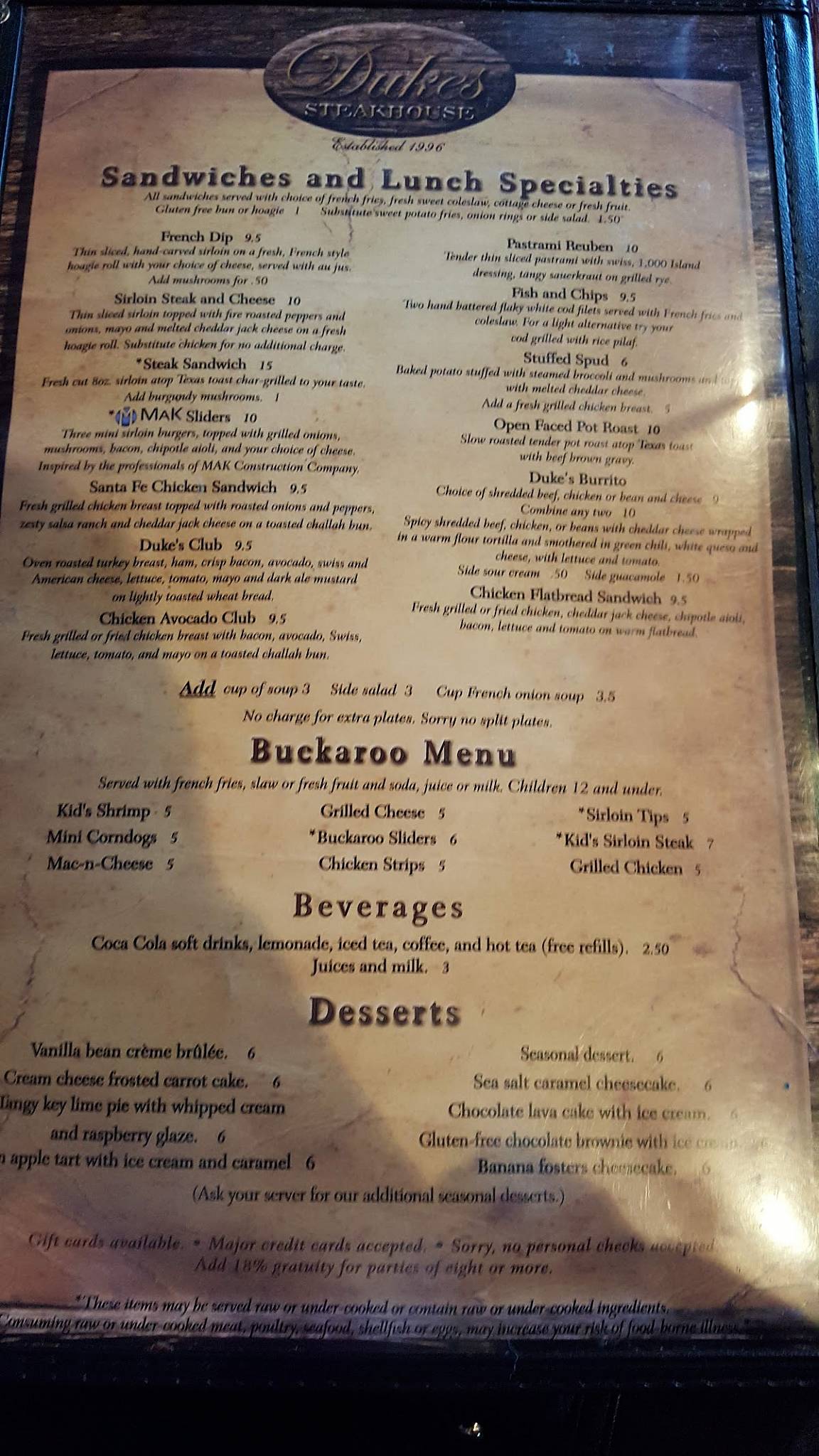 Menu at Duke's Steakhouse, Castle Pines