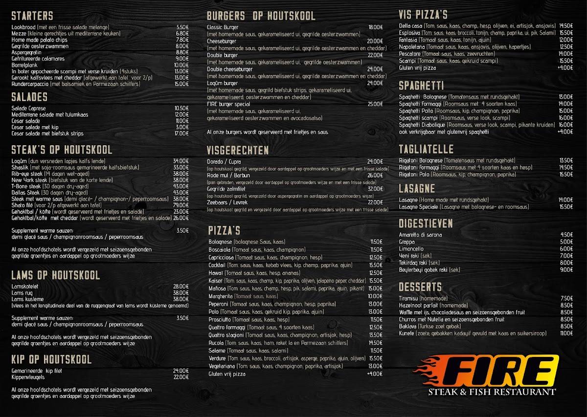 Menu at Steakhouse Fire, Heusden-Zolder