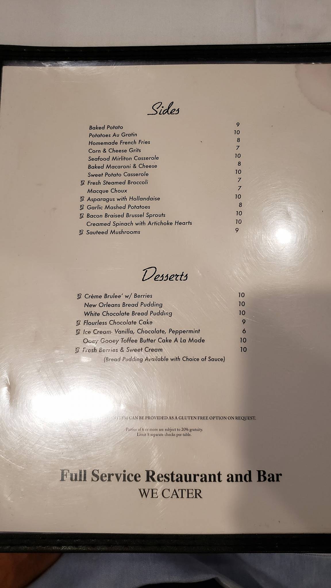 Menu at Gallagher's Grill steakhouse, Covington, 509 S Tyler St