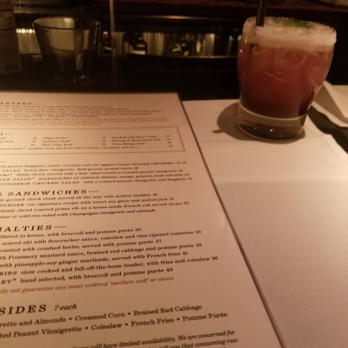 Menu at Houston's steakhouse, Atlanta, Peachtree Rd