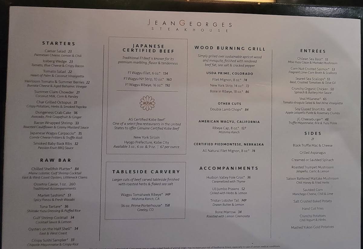 Menu at Jean Georges Steakhouse, Las Vegas