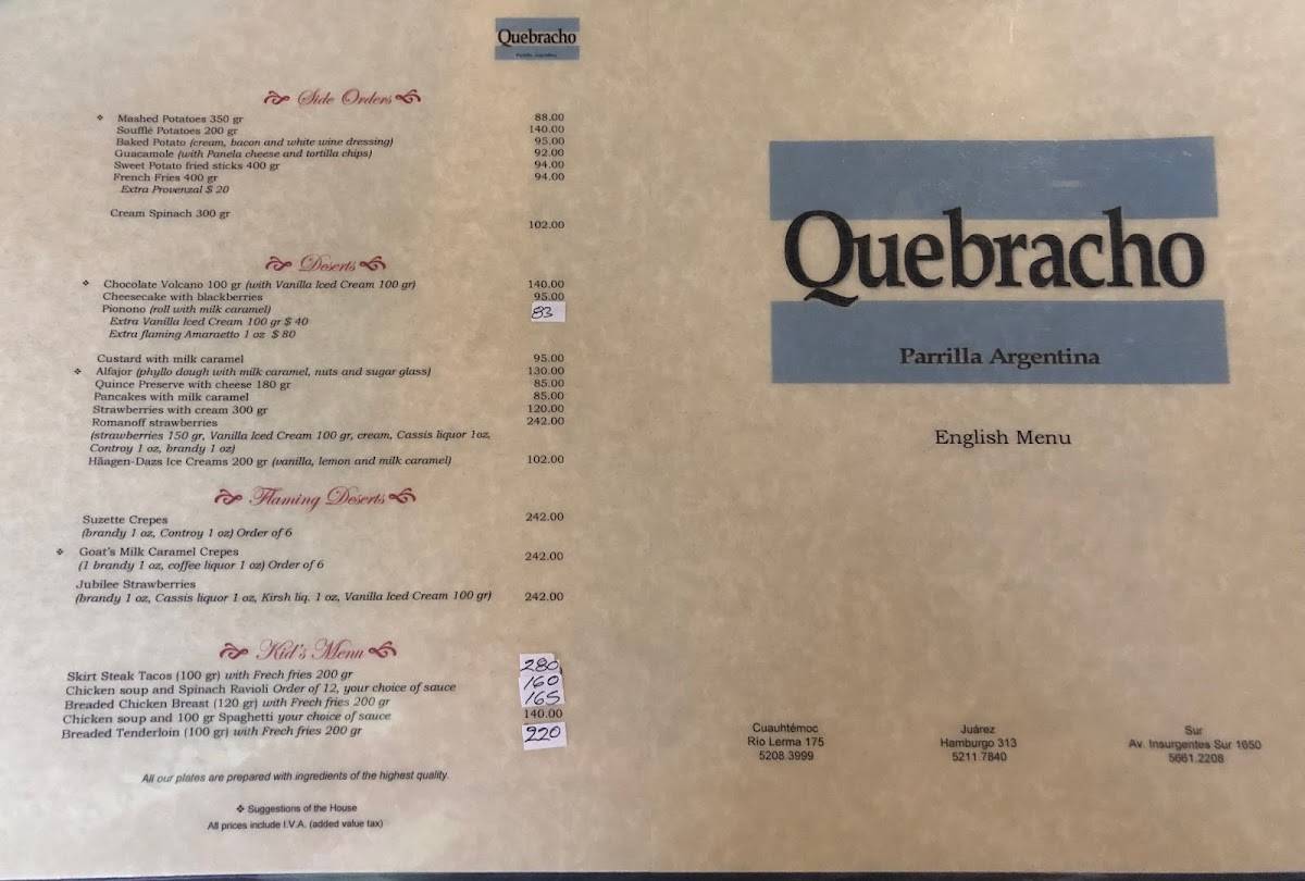 Carta de parrilla Quebracho, Ciudad de México, Calle Río Lerma 175