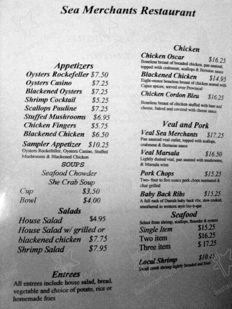 Menu at Sea Merchants Restaurant, North Myrtle Beach