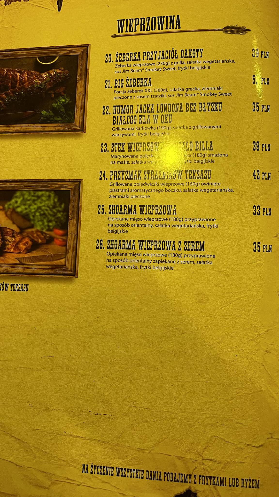 Menu at Sioux steakhouse, Kraków